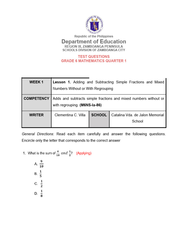 Math TF G6 Q1 | PDF | Multiplication | Mathematics