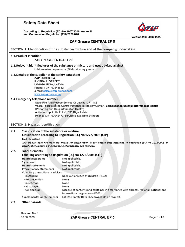 MSDS ZAP Grease CENTRAL EP 0 EN-2020-878 2023-08-30 | PDF | Dangerous ...