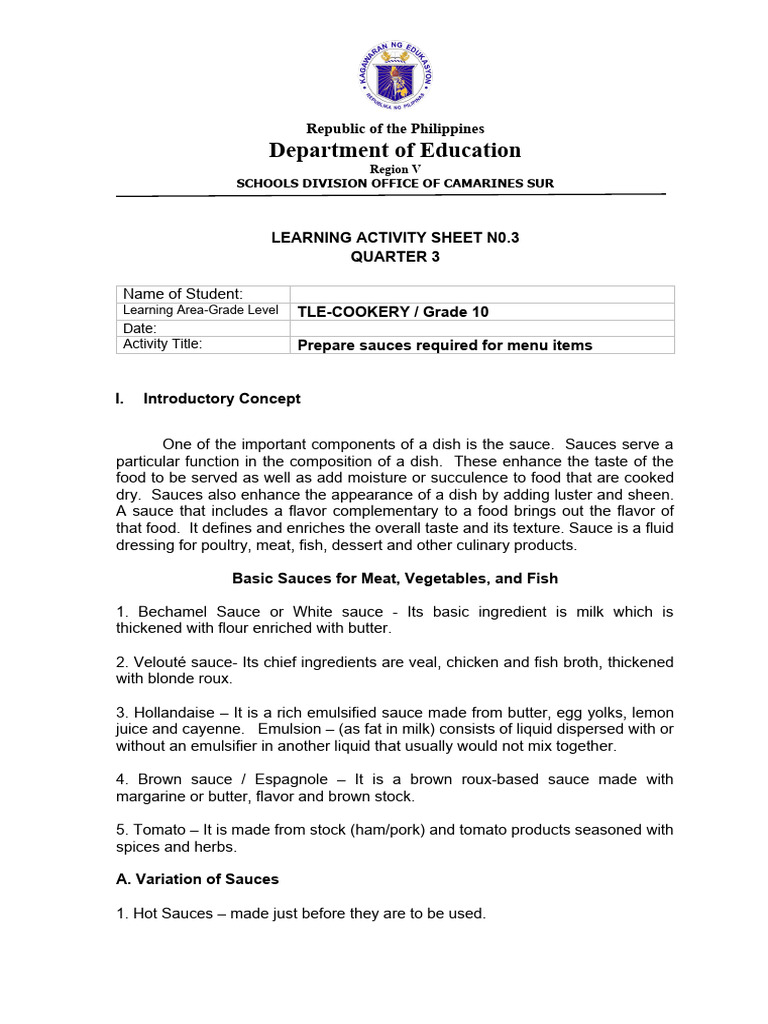 TLE HE Cookery-10 Quarter-3 LAS-3 | PDF | Sauce | Starch