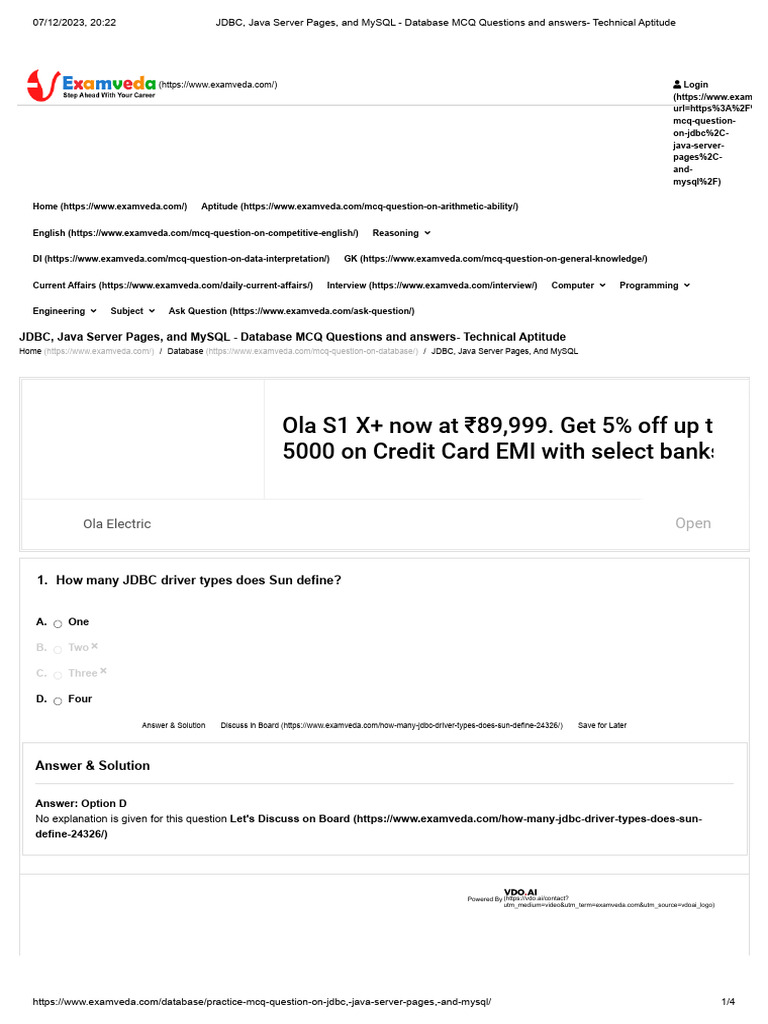 Jdbc Java Server Pages And Mysql Database Mcq Questions And Answers Technical Aptitude 