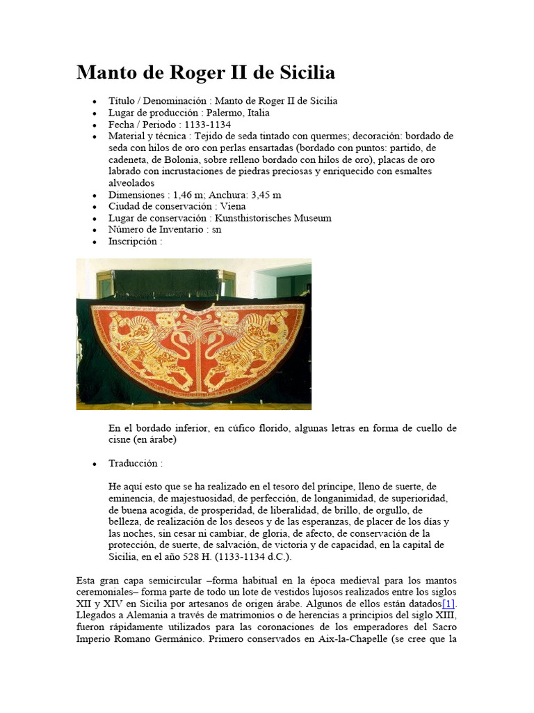 Manto de Roger II de Sicilia | PDF | Santo Imperio Romano | Bordado