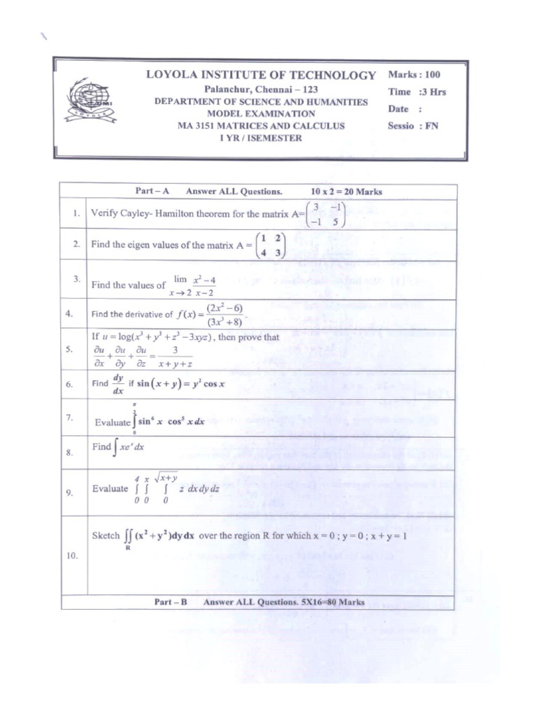 MA3151 Matrices and Calculus | PDF MA3151 Matrices and Calculus | PDF