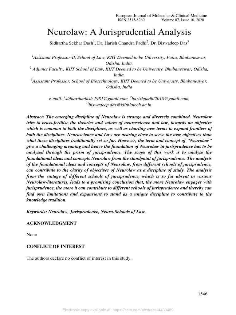 Neurolaw - A Jurisprudential Analysis 2020 | PDF | Neuroscience | Mens Rea