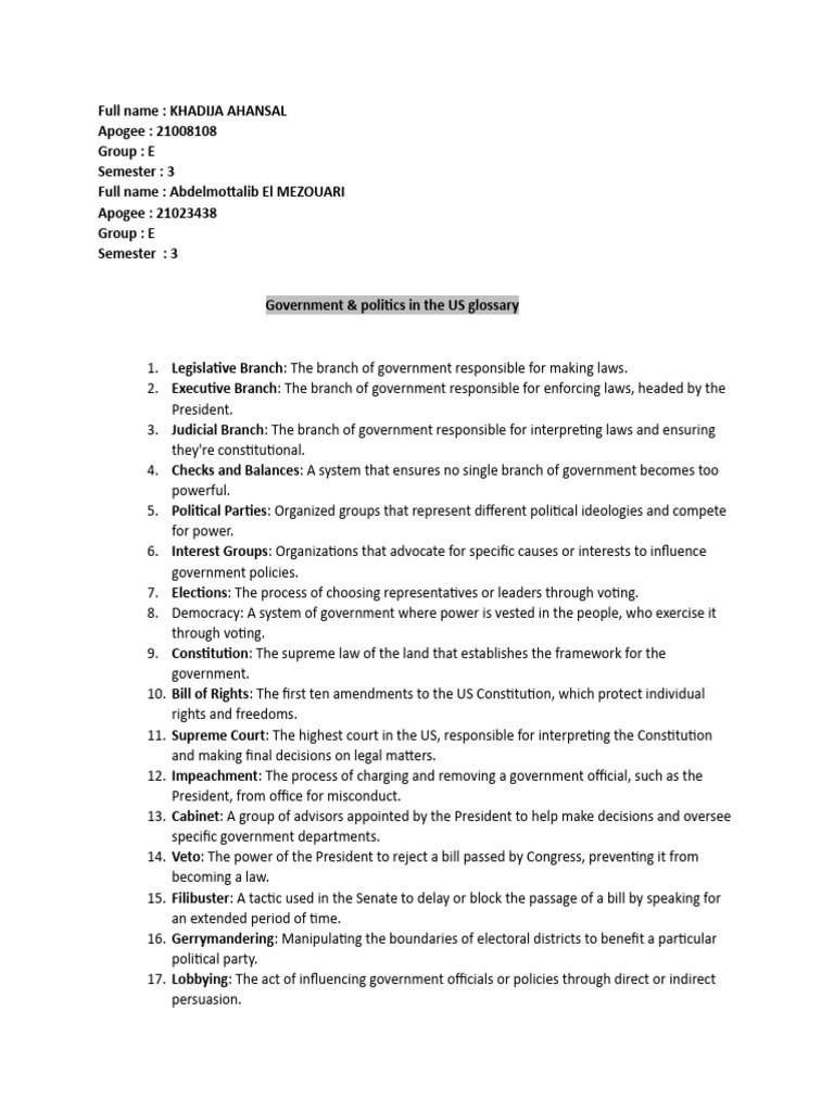 Government & Politics in The US Glossary | PDF | Separation Of Powers ...