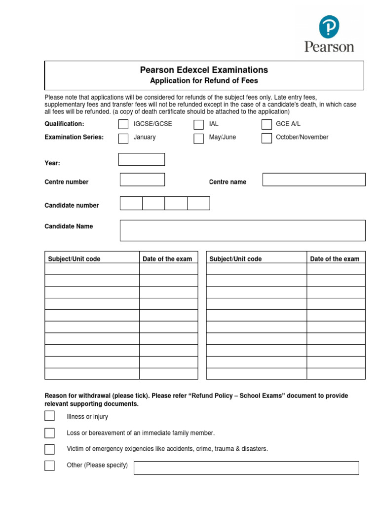 Pearson Edexcel Stage 2 Refund Application Form | PDF | Health Care ...