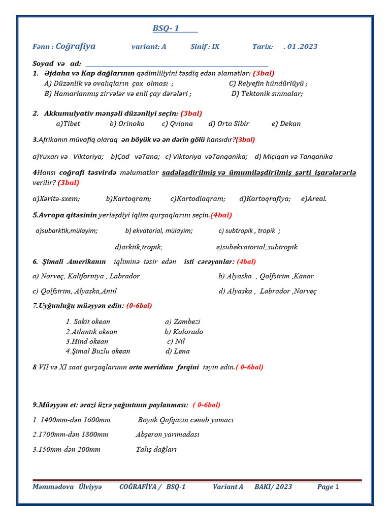 BSQ-1 Coğrafi̇ya - 9 A Hüseynova Ülvi̇yyə-2 | PDF
