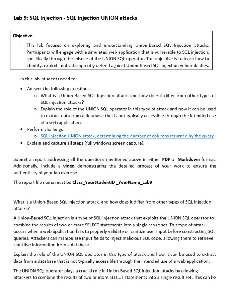 Lab9 SQL Injection - SQL Injection UNION Attacks | PDF | Sql | Security