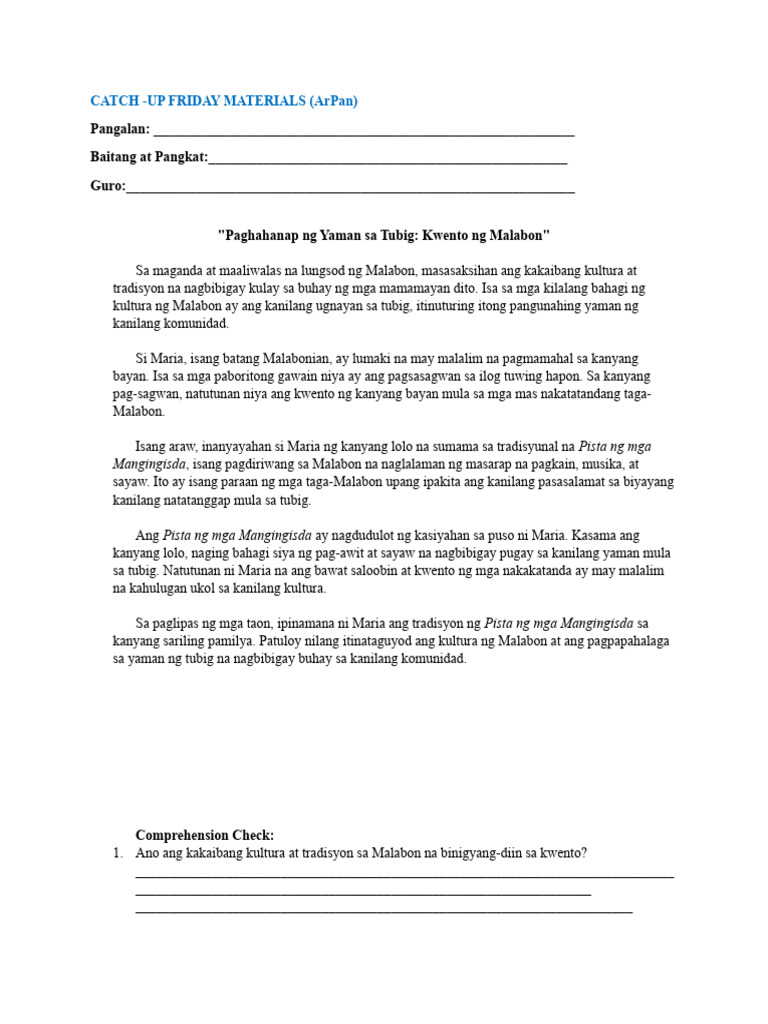 Catch Up Friday Materials Arpan Pdf