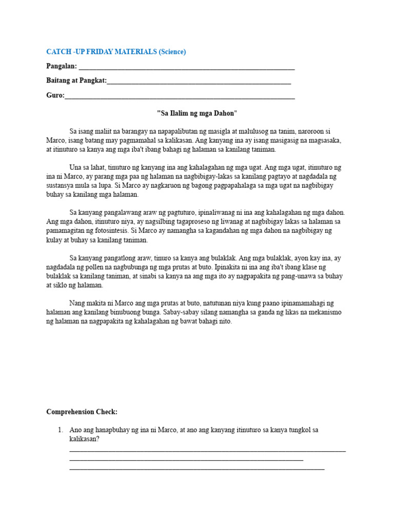 CATCH - UP FRIDAY MATERIALS (Science) | PDF