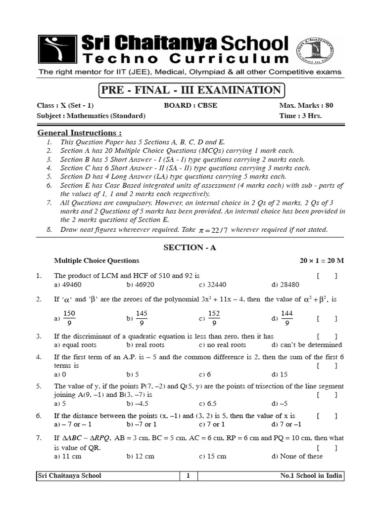 CBSE - MATHS - PRE - FINAL - III - EXAM (Standard) - SET - 1 | PDF ...