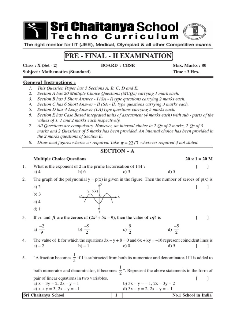CBSE - MATHS - PRE - FINAL - II - EXAM (Standard) - SET - 2 (BNG, TN, KA) - FINAL | PDF ...