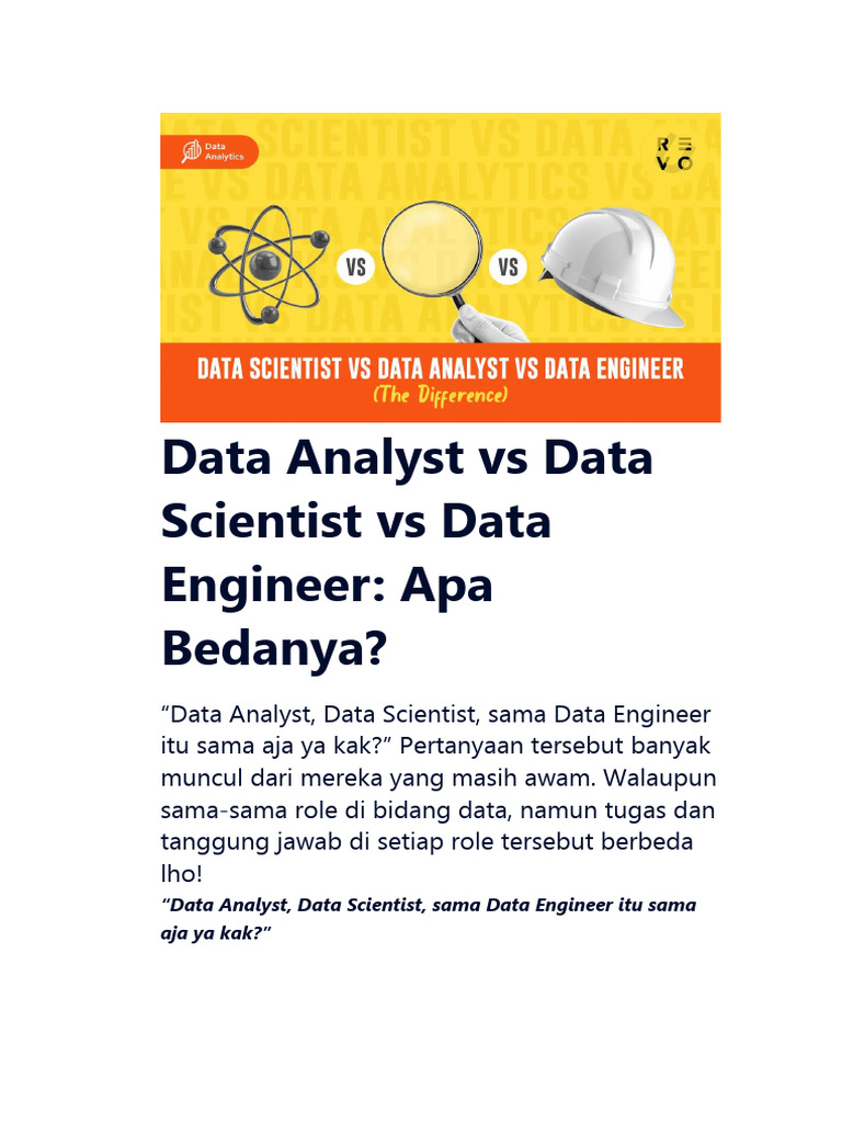 Data Analyst Vs Data Scientist Vs Data Engineer | PDF
