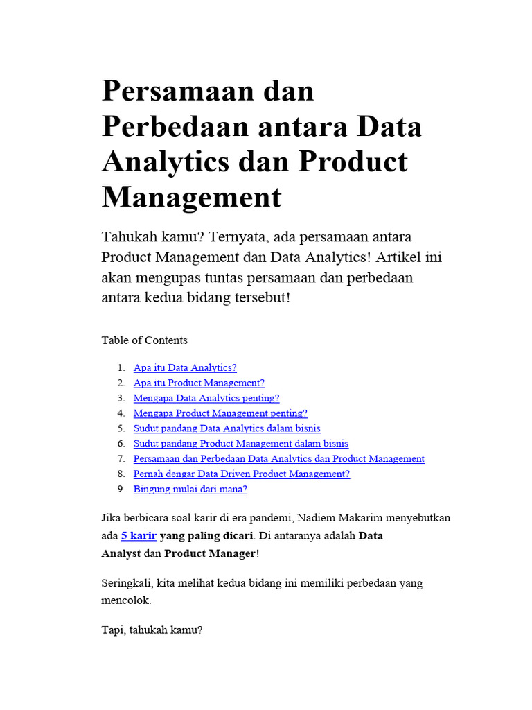 Persamaan Dan Perbedaan Antara Data Analytics Dan Product Management | PDF