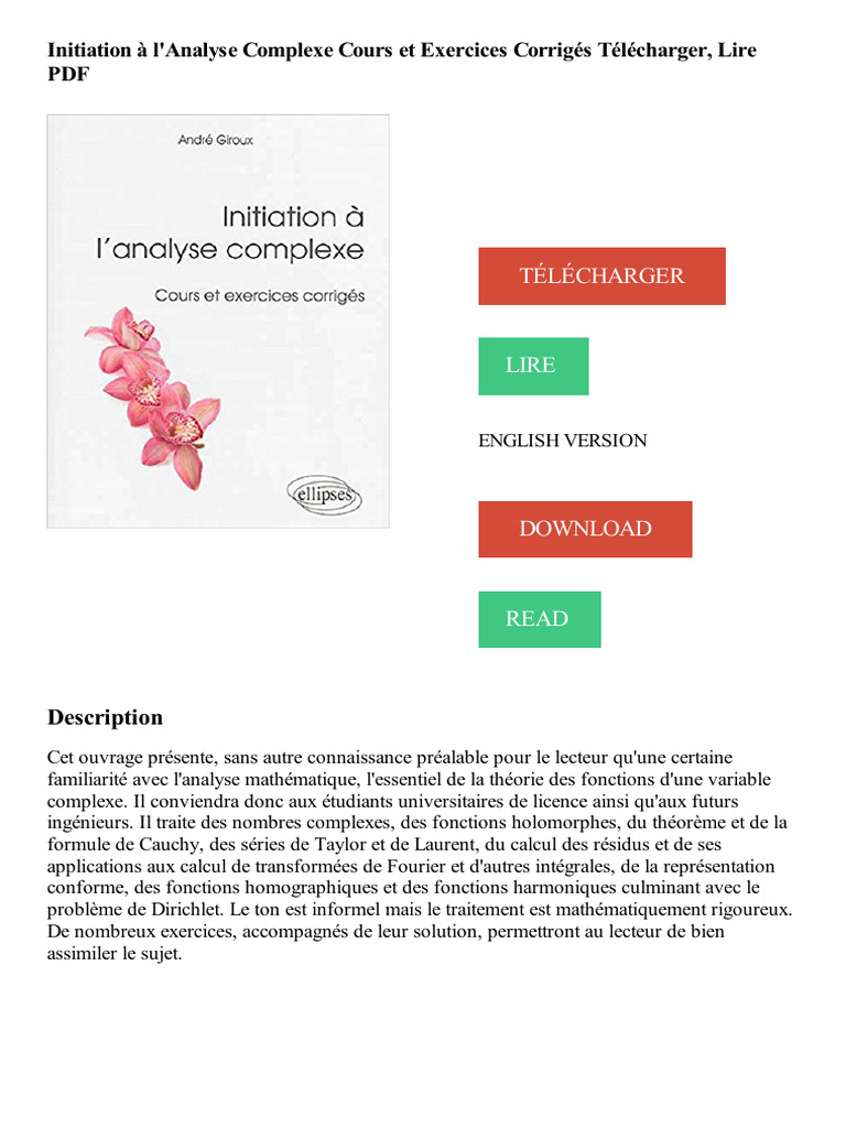 Initiation À L'analyse Complexe Cours Et Exercices Corrigés Télécharger, Lire PDF | PDF ...