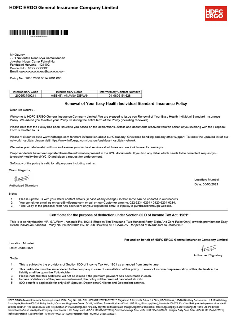 Renewal of Your Easy Health Individual Standard Insurance Policy | PDF ...