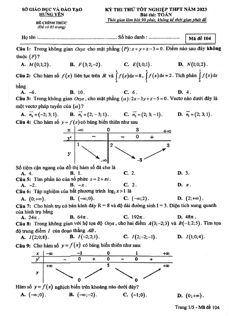 Ä Á Thi Thá Tá T Nghiá P THPT Nä M 2023 Mã N ToÃ¡n Sá GD&Ä T HÆ°ng YÃ N | PDF