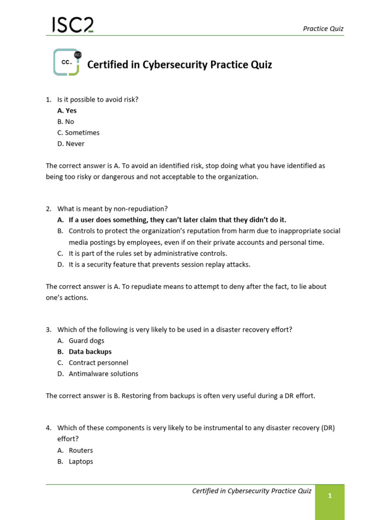 Cybersecurity Practice Quiz Questions | PDF | Security | Computer Security