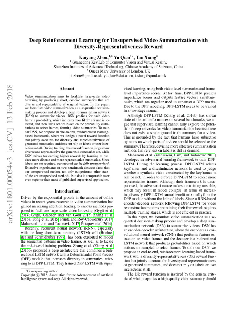 Deep Reinforcement Learning For Unsupervised Video Summarization ... Deep Reinforcement Learning For Unsupervised Video Summarization ...