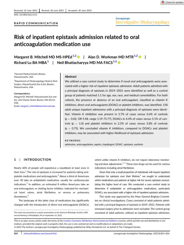 Laryngoscope Investig Oto - 2023 - Mitchell - Risk of Inpatient ...