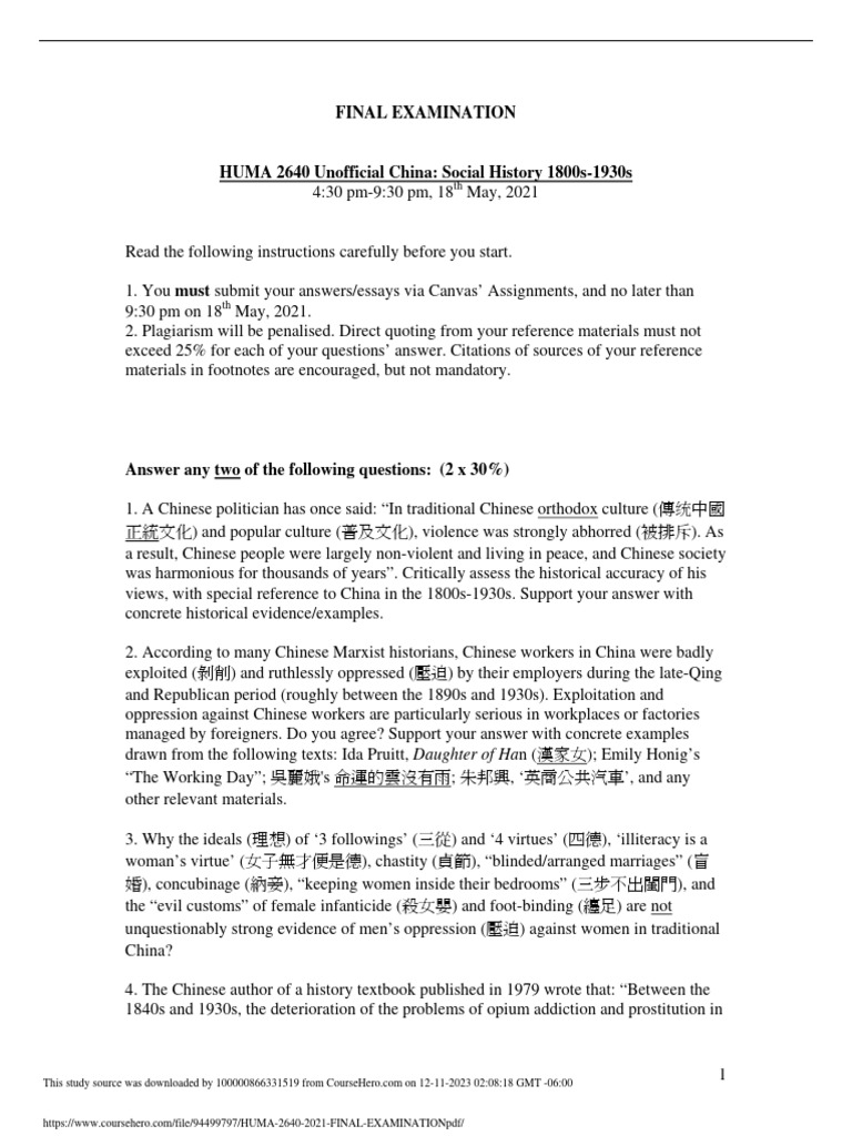 Huma 2640 2021 Final Examination PDF | PDF | China | World Politics