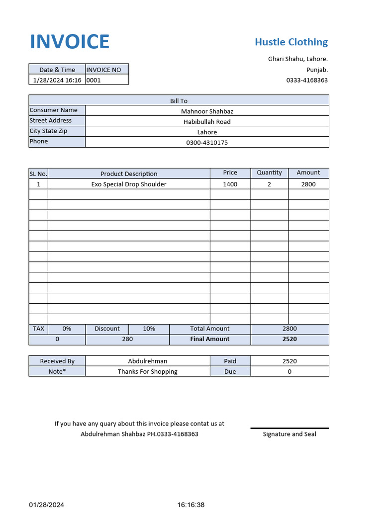 Professional Invoice in Excel | PDF