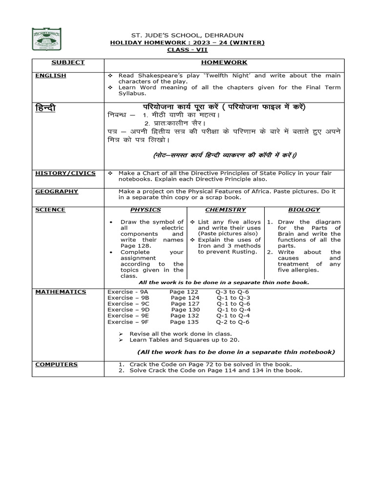 Holiday Homework Winter 23-24 Class-7 | PDF | Books | Science
