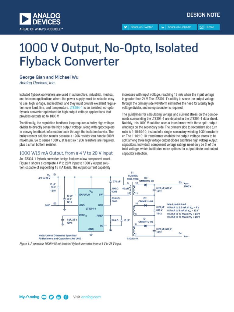 1000 V Output No Opto Isolated Flyback Converter | PDF | Analog Devices ...