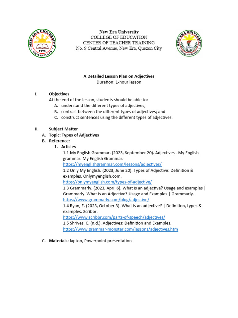 Lesson Plan For Adjectives | PDF | Adjective | Grammatical Number