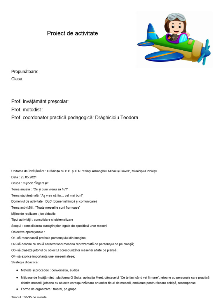 Proiect de Activitate Meserii | PDF