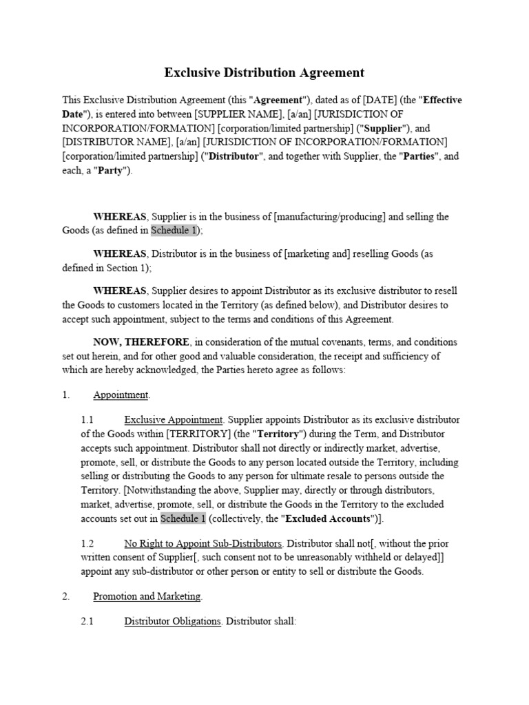 Exclusive Distribution Agreement (Pro-Supplier, Short Form) | PDF ... Exclusive Distribution Agreement (Pro-Supplier, Short Form) | PDF ...