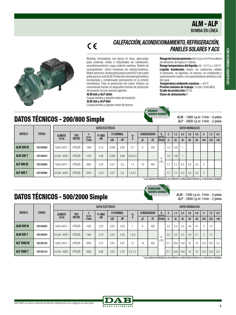 Bombas DAB ALM y ALP: Especificaciones | PDF | Motores | Química