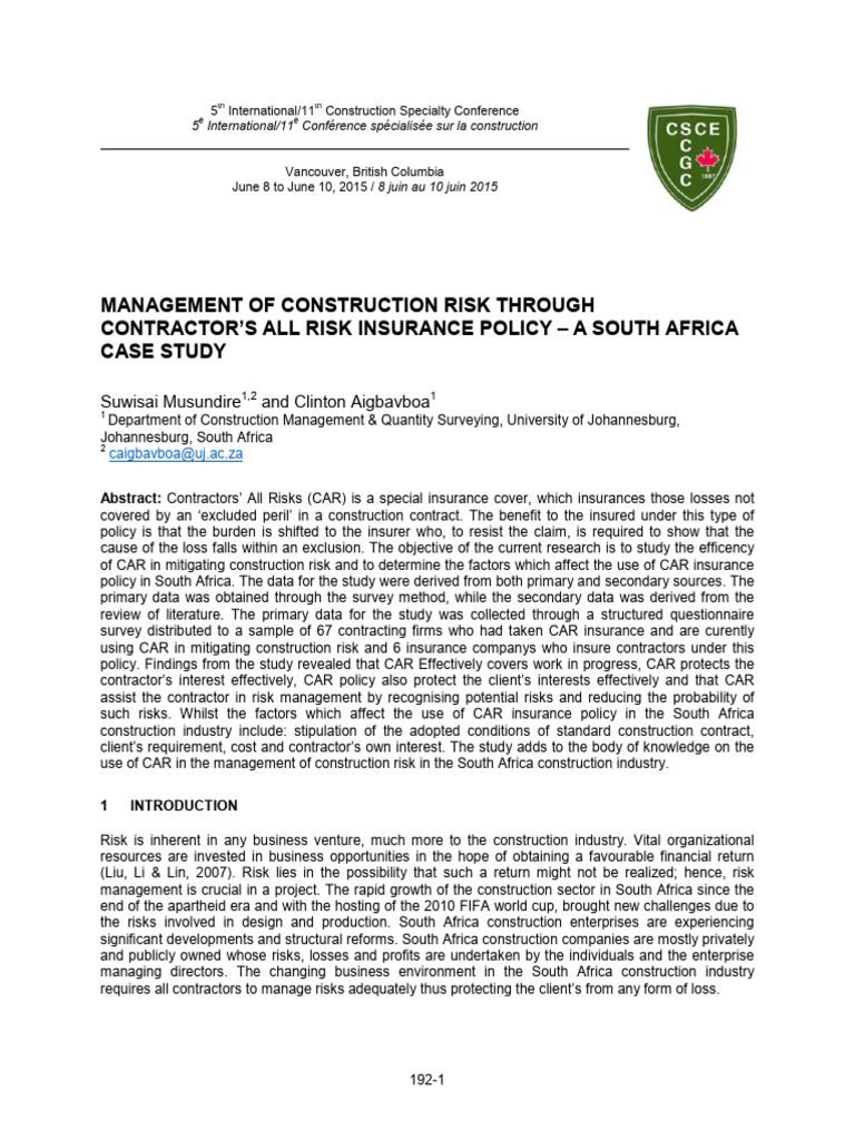 Management of Construction Risk Through Contractor'S All Risk Insurance ...