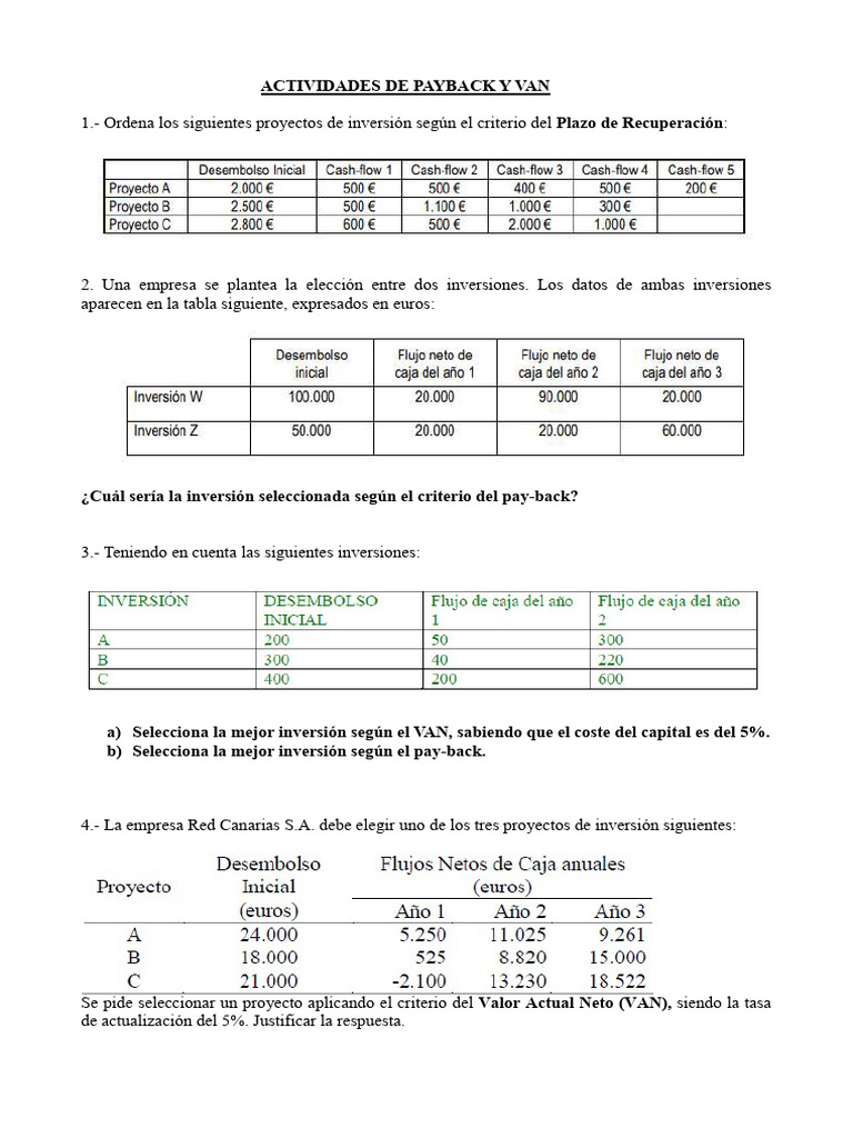 Actividades Payback y VAN | PDF | Business | Inversiones