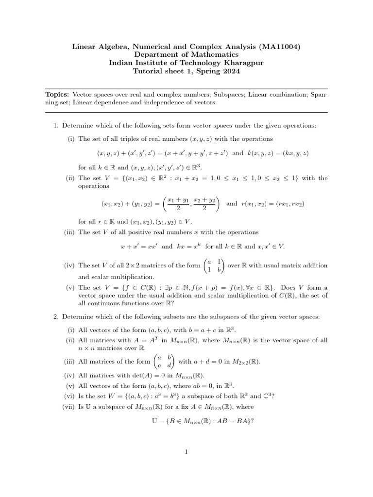 Tutorial 1 | PDF | Linear Subspace | Vector Space