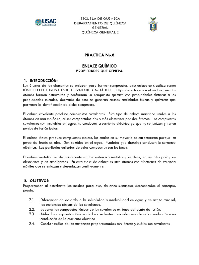 Práctica No. 8 Enlace Químico - Propiedades Que Genera QG1 2022 | PDF ...