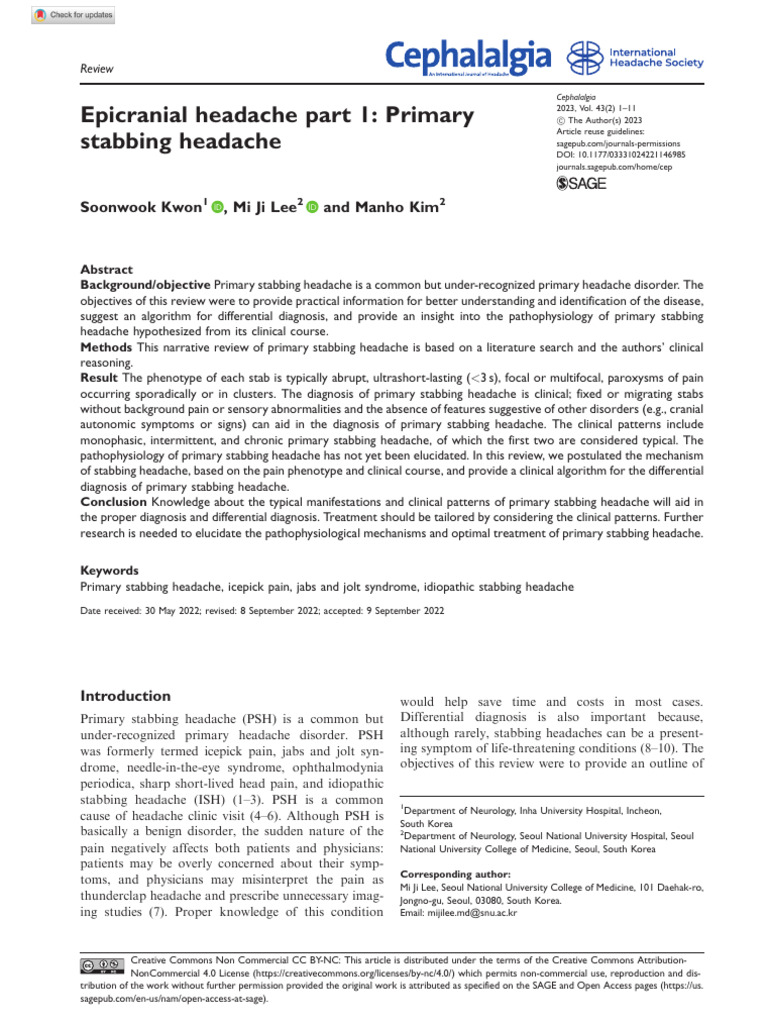 Kwon Et Al 2023 Epicranial Headache Part 1 Primary Stabbing Headache | PDF | Headache | Nerve