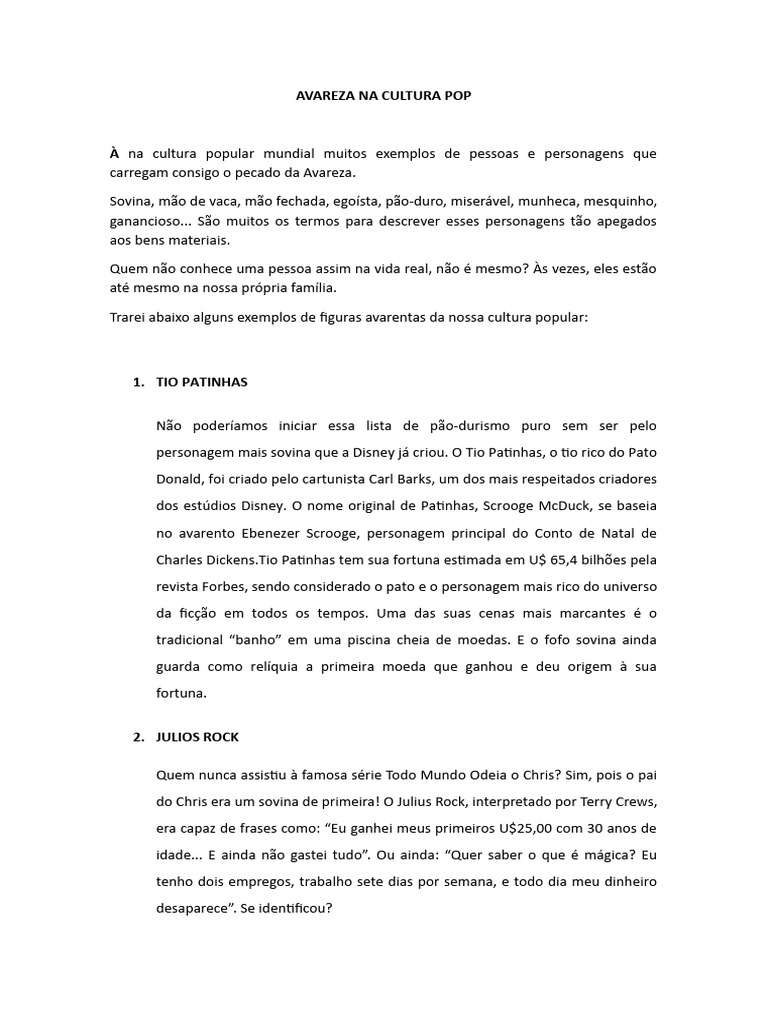 Avareza na Cultura Pop: Exemplos e Personagens | PDF