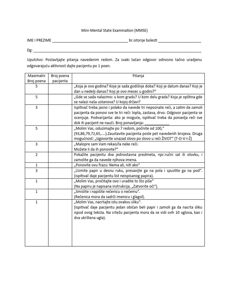 Mini-Mental State Examination (MMSE) | PDF