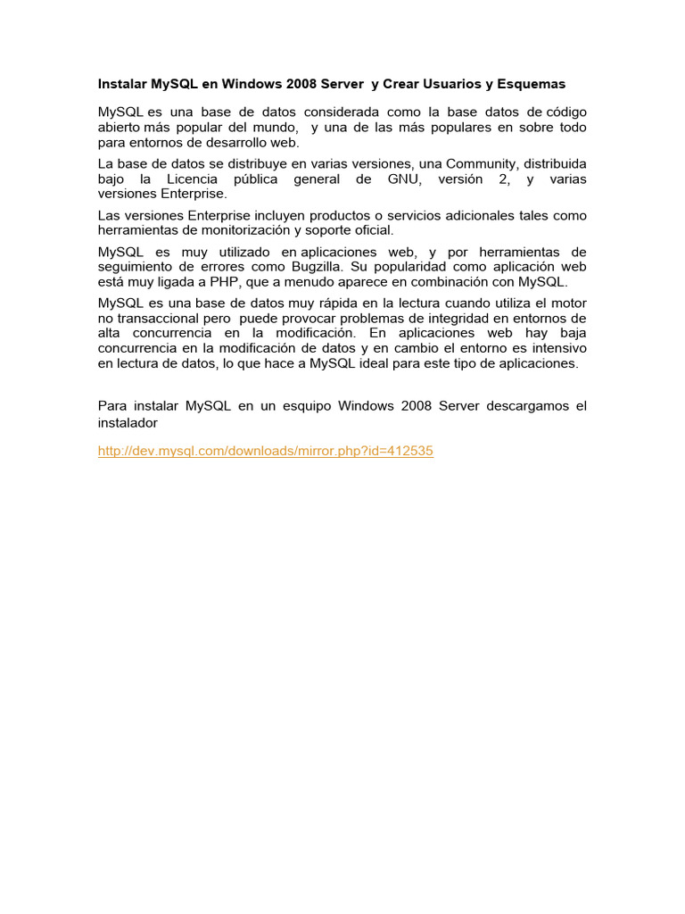 Instalar MySQL en Windows 2008 Server y Crear Usuarios y Esquemas | PDF | Mi sql | Informática