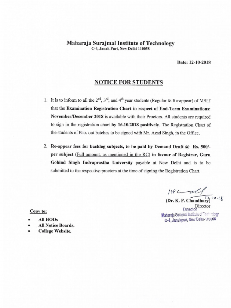 Notice For Exam Registration Chart | PDF