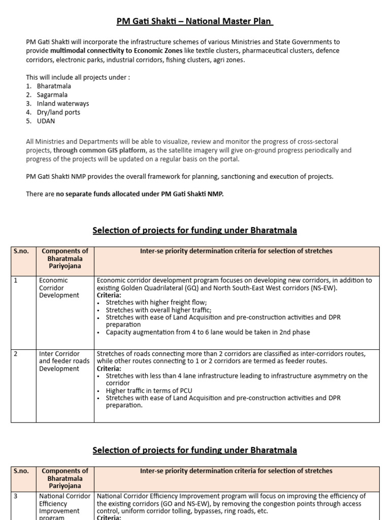 Criteria For Funding Under Bharatmala, Gati Shakti and Sagarmala | PDF | Transport | Economies