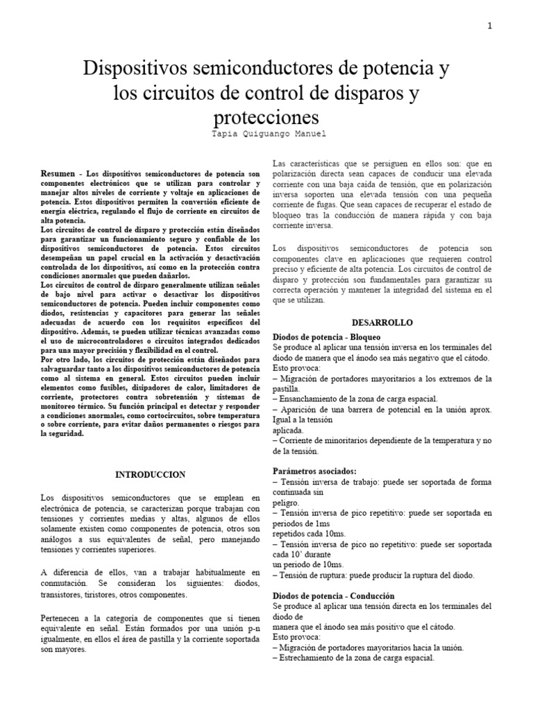 Dispositivos Semiconductores de Potencia y Los Circuitos de Control de Disparos y Protecciones ...