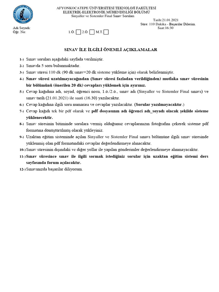 01 Sinyaller Ve Sistemler Final Sorular | PDF