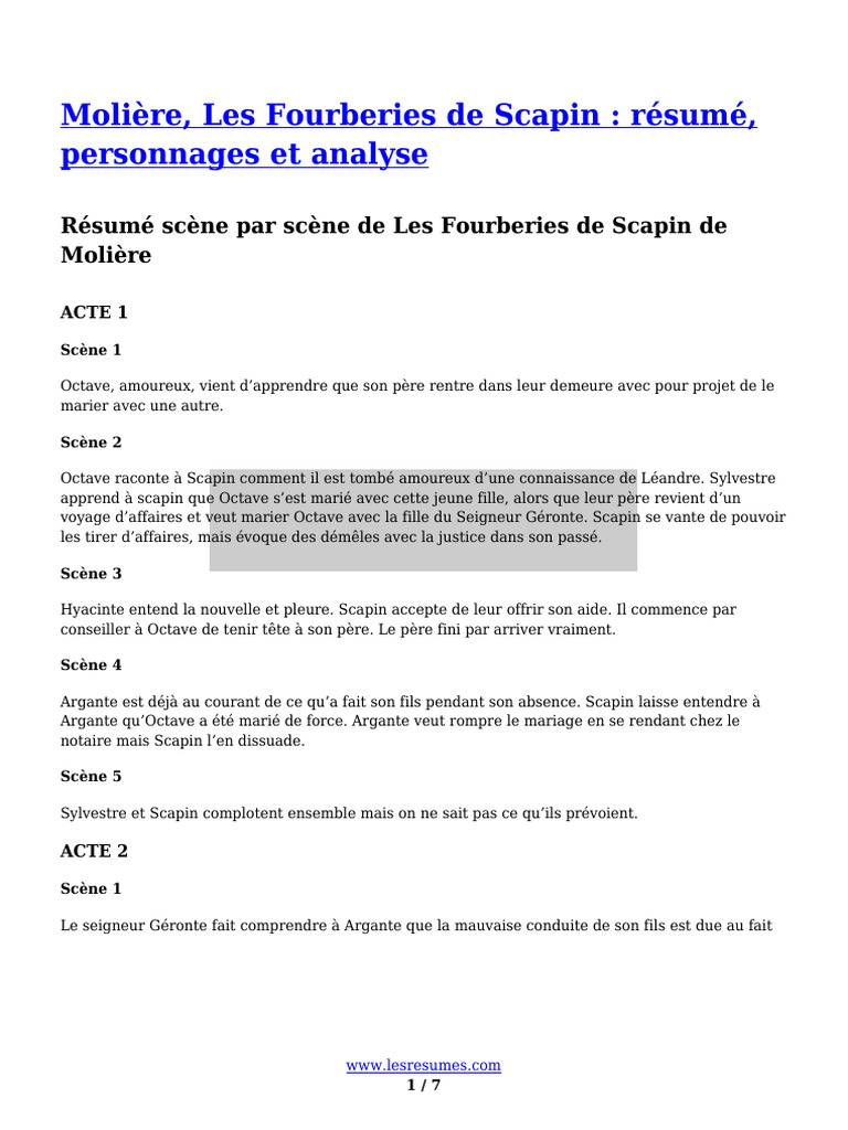 Résumé des Fourberies de Scapin | PDF | Mystère, thriller et fiction ...
