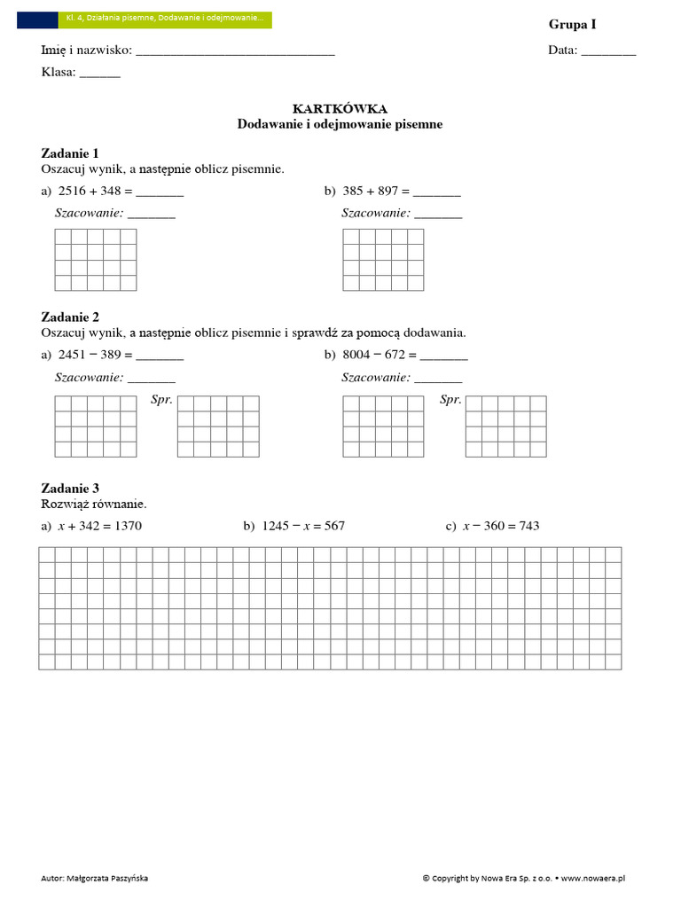Kartkowka Dodawanie I Odejmowanie Pisemne | PDF Kartkowka Dodawanie I Odejmowanie Pisemne | PDF