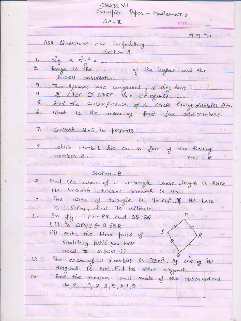 Math Sample Paper Class VII | PDF