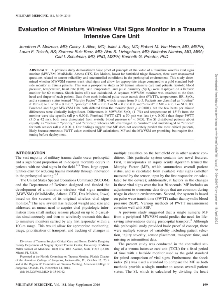 Evaluation of Miniature Wireless Vital Signs Monitor in A Trauma | PDF ...