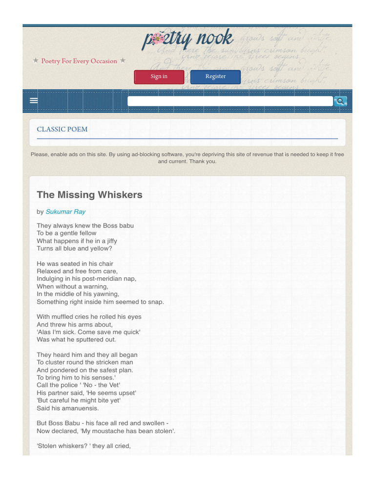 Poem - The Missing Whiskers by Sukumar Ray | PDF
