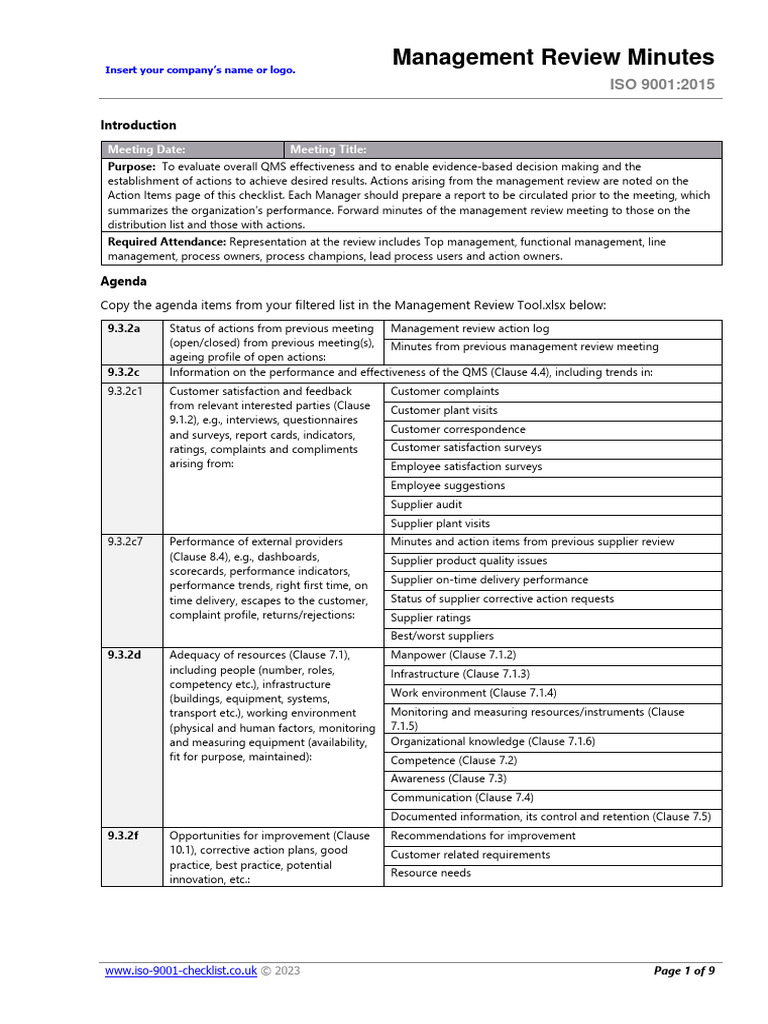 Management Review Agenda & Minutes Sample | PDF | Iso 9000 | Quality ...