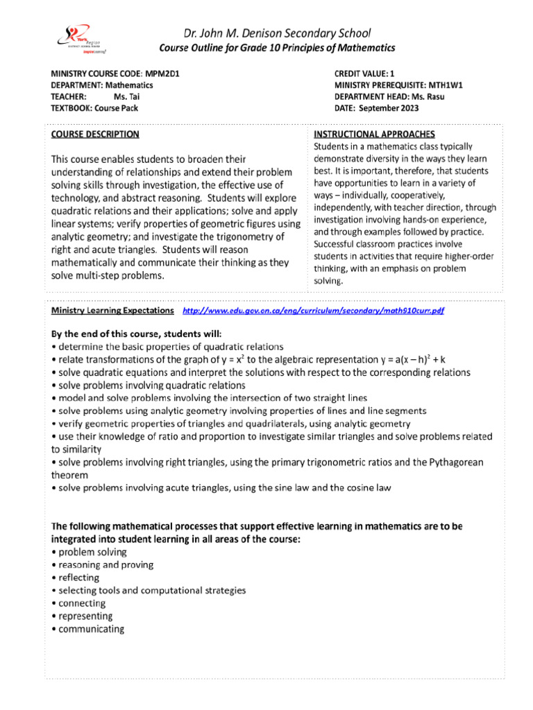 MPM2D1 2023-2024 | PDF | Quadratic Equation | Equations